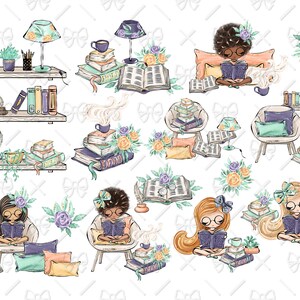 Booklover Watercolor Cliparts, Reading Girl, Reading Clipart, Bookworm ...