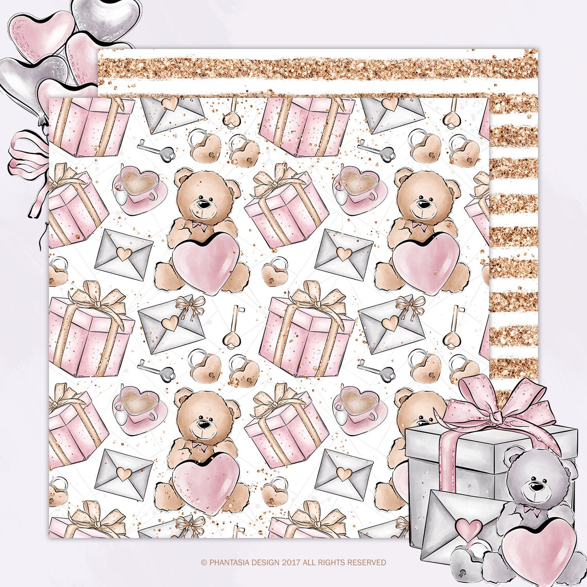Valentines Day Digital Paper Pack Teddy Bear Love Digital | Etsy