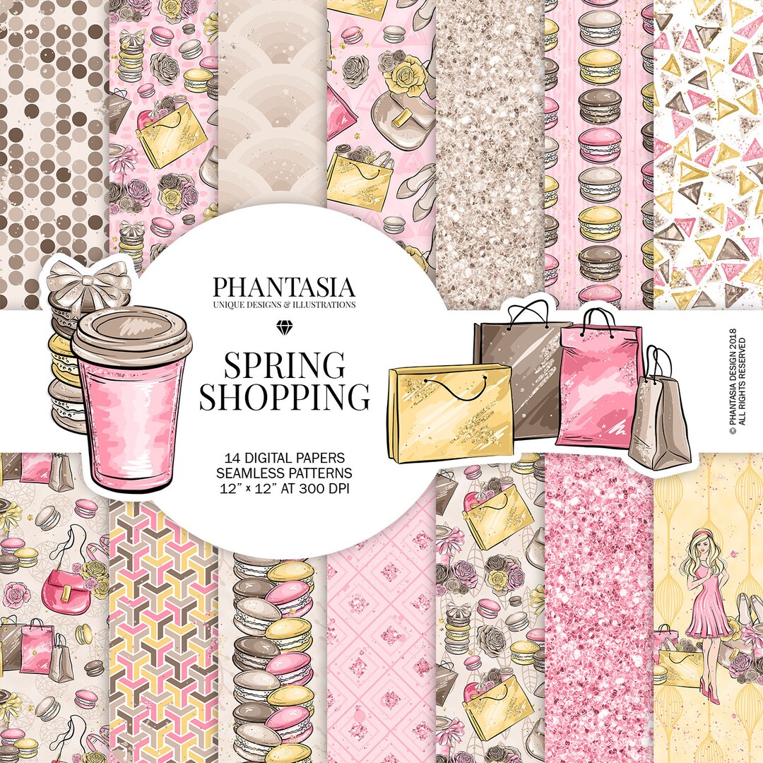 Shopping Digital Paper Pack, Spring Digital Paper, Shopping Pattern ...