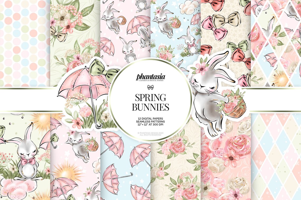 Spring Bunny Digital Paper Cute Animals Watercolor Patterns | Etsy