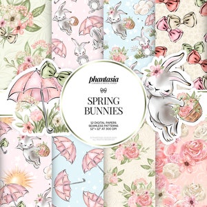 Spring Bunny Digital Paper, Cute Animals, Watercolor Patterns, Spring ...