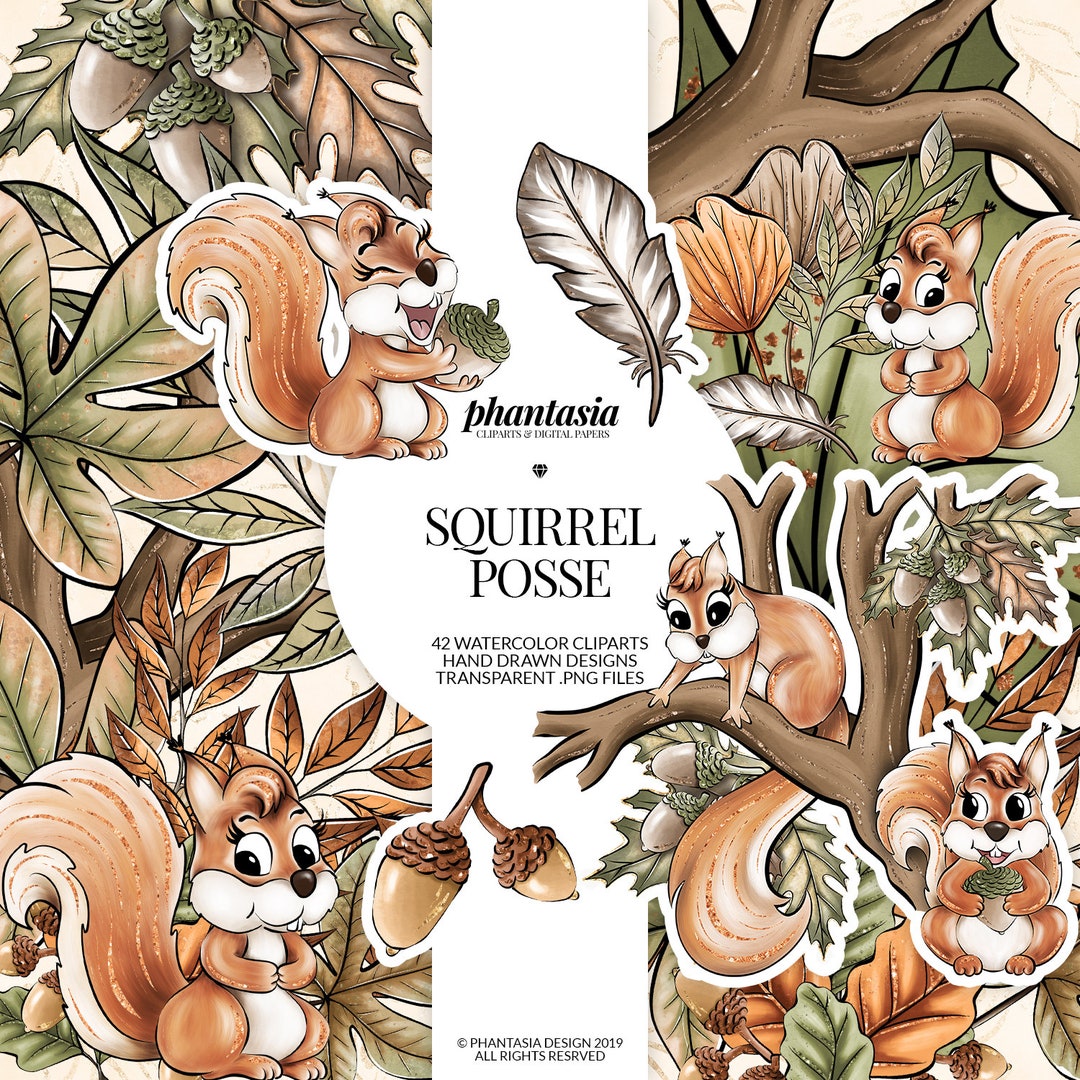 Cute Squirrels Watercolor Cliparts, Fall Cliparts, Cute Watercolor ...