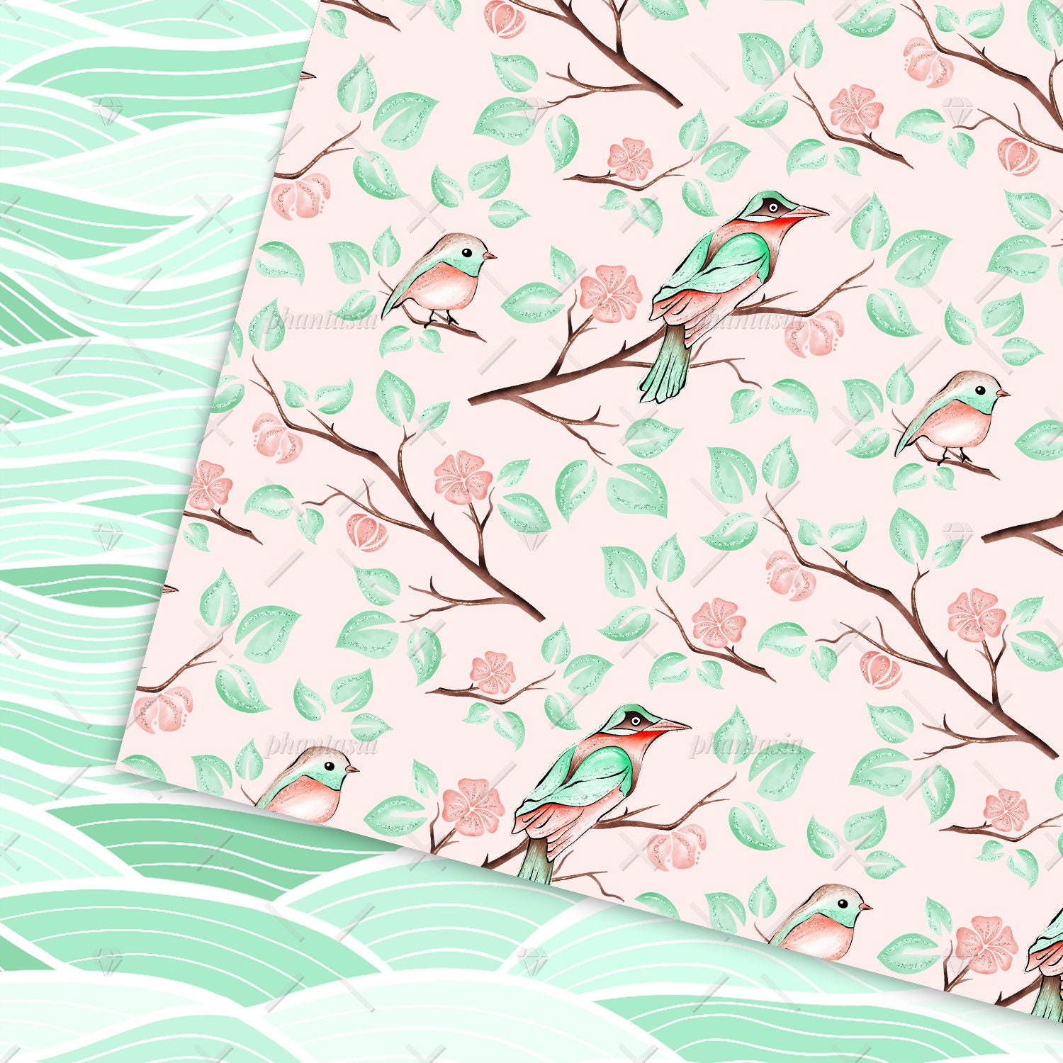 Birds and Flowers Digital Paper Japanese Pattern Birds - Etsy