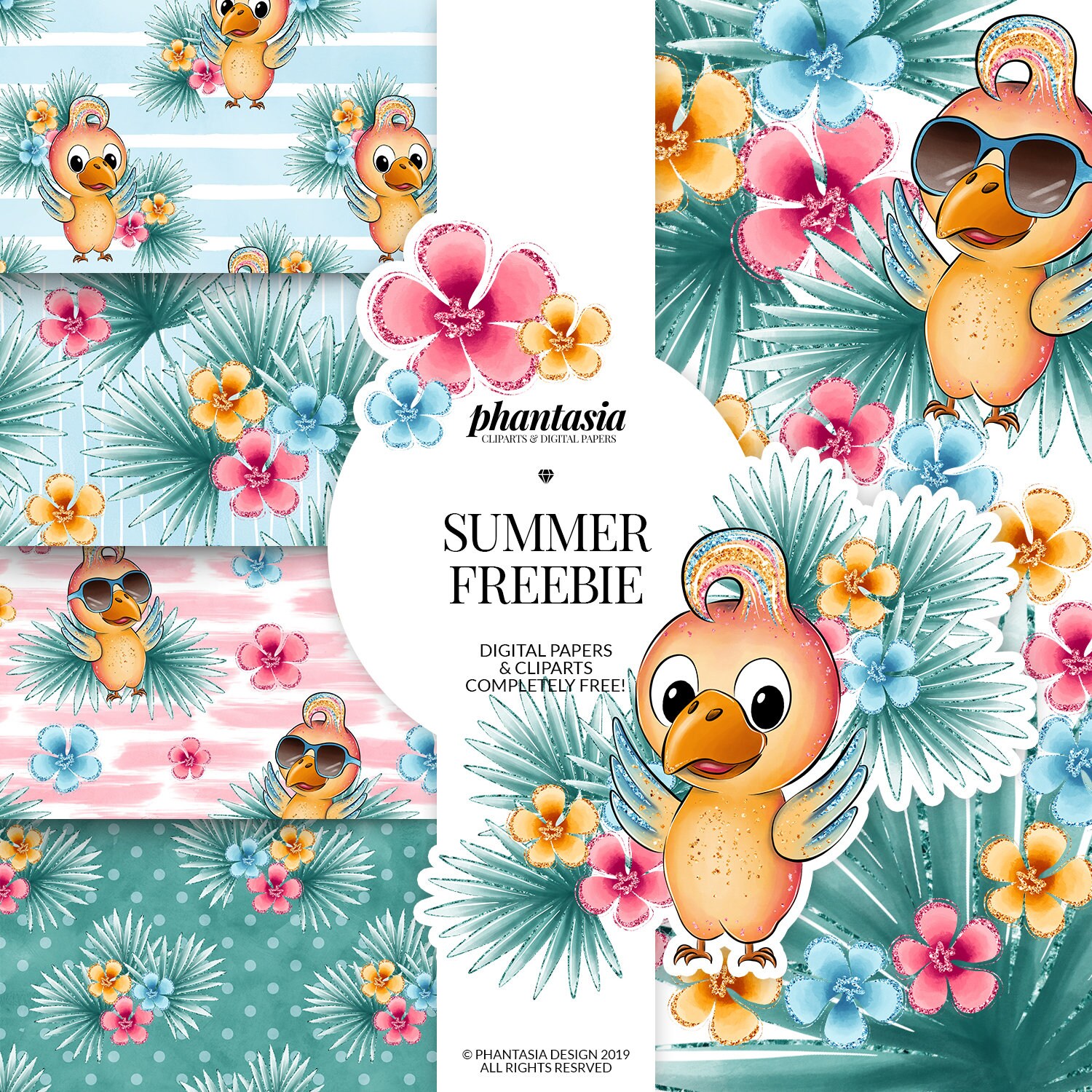 FREEBIE Summer Cliparts, Summer Digital Papers, Cute Parrot, Baby ...