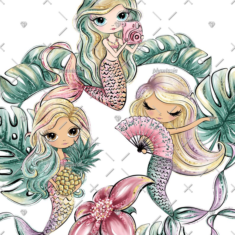 Summer Mermaids Watercolor Clipart Tropical Mermaids Sunny - Etsy