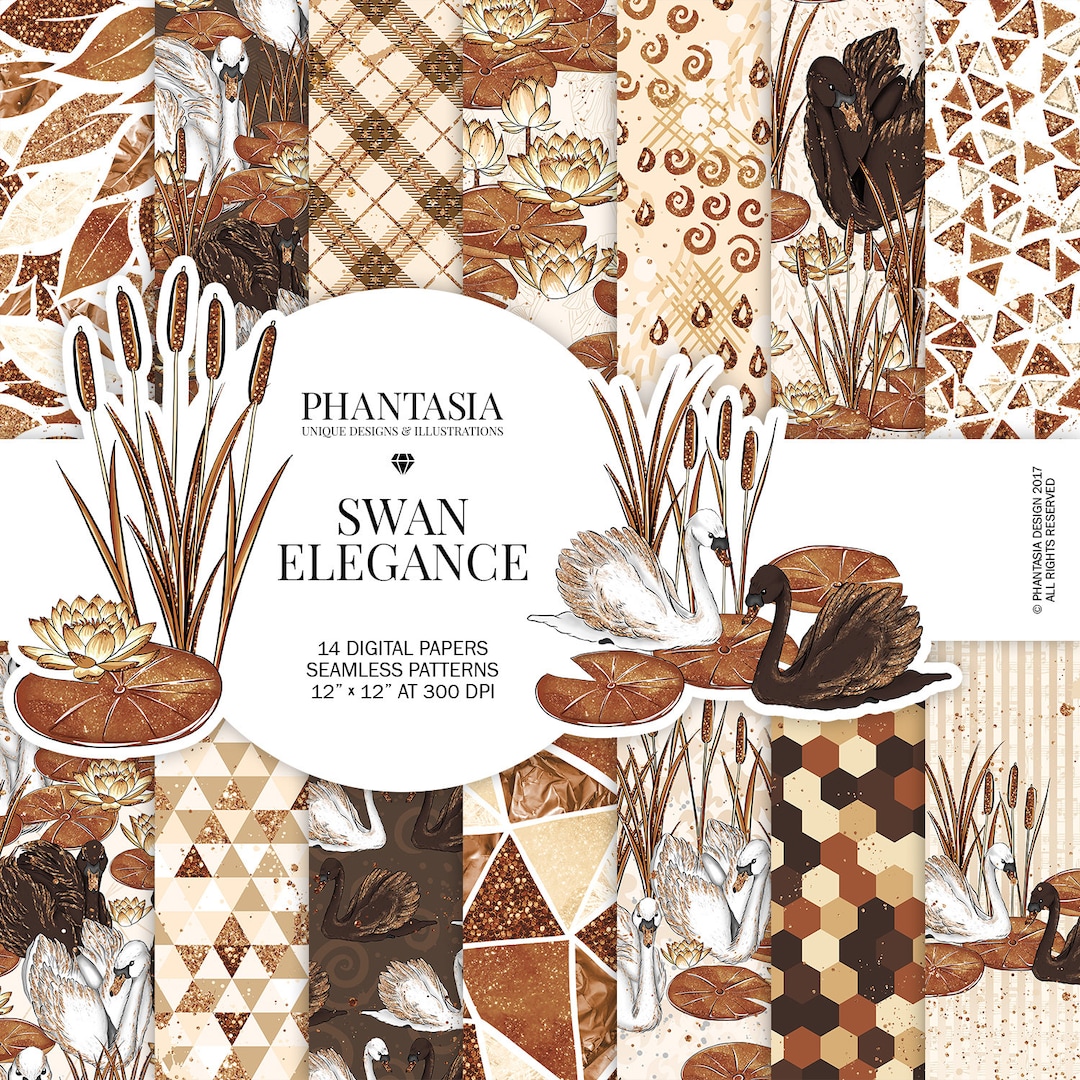 Swans Digital Paper Pack, Gold Digital Paper, Swan Lake, Elegant Birds ...