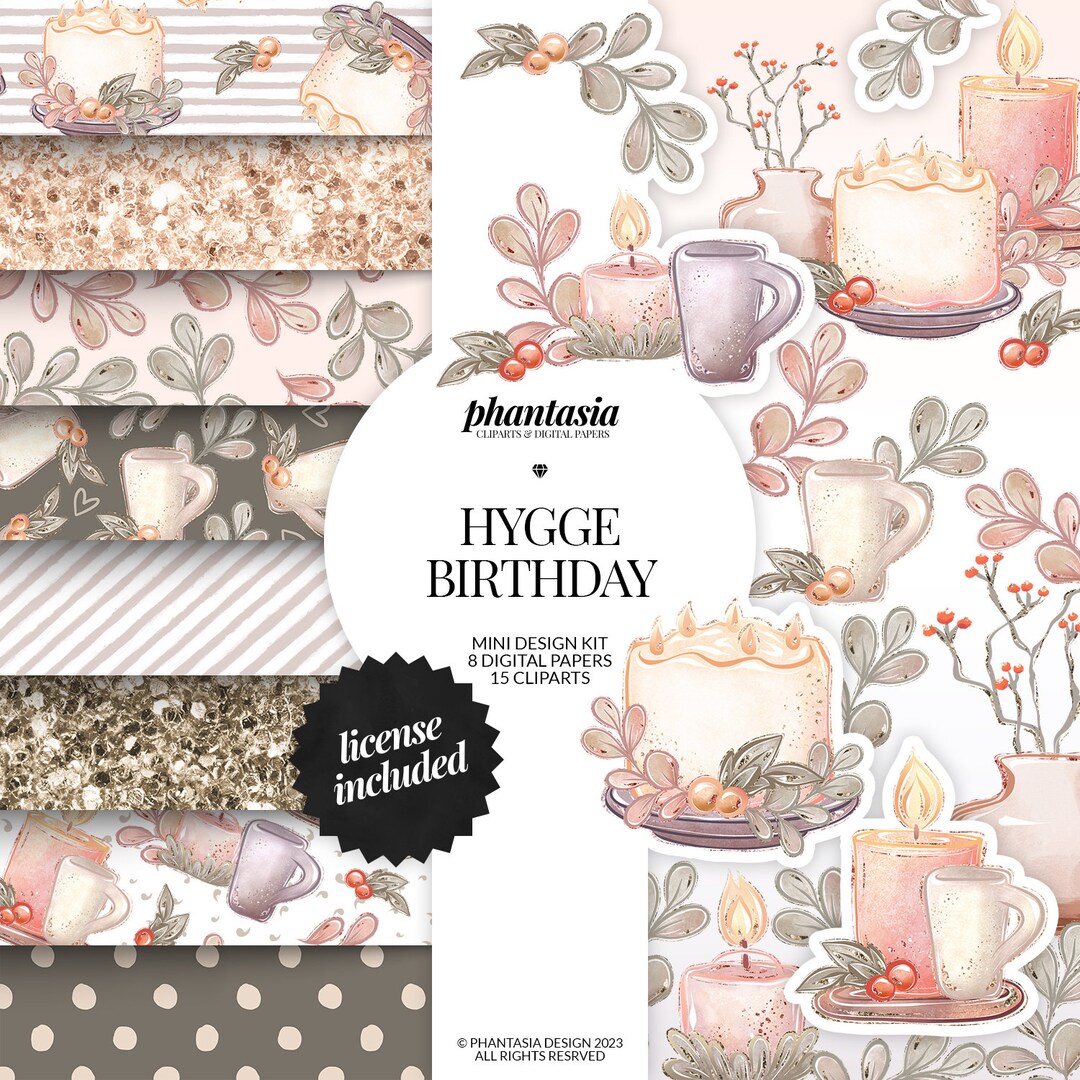 Hygge Digital Kit, Birthday Clipart, Watercolor Clipart, Seamless ...