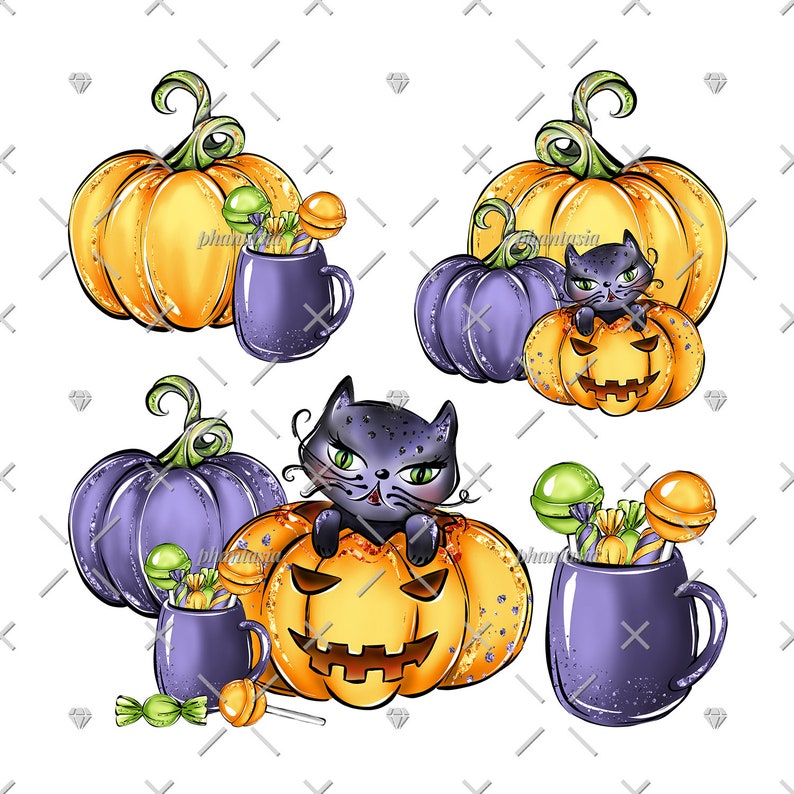 Halloween Cat Clipart Set Halloween Digital Paper Cute Cat | Etsy