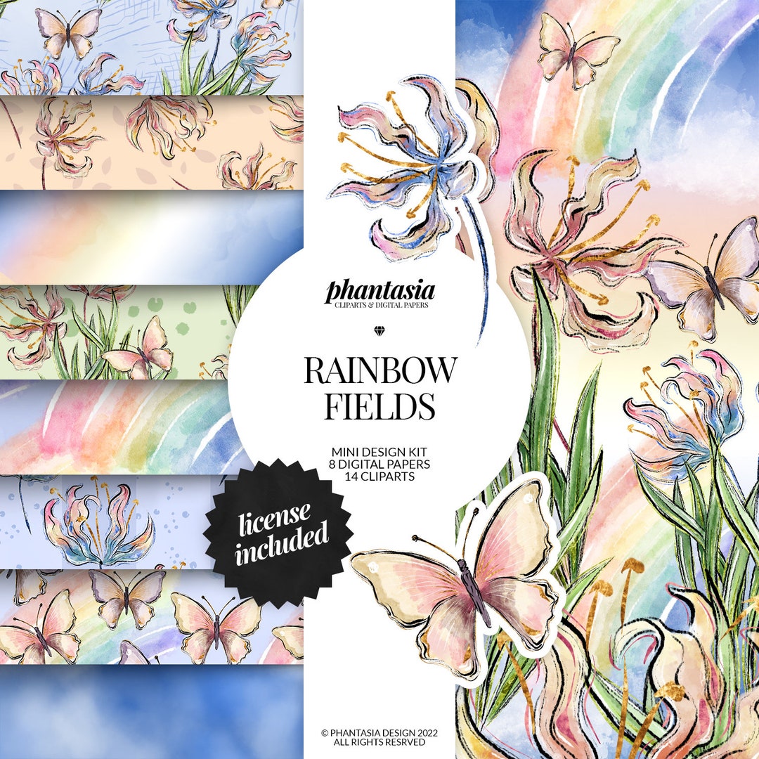 Rainbow Digital Kit, Butterflies Clipart, Watercolor Clipart, Seamless ...