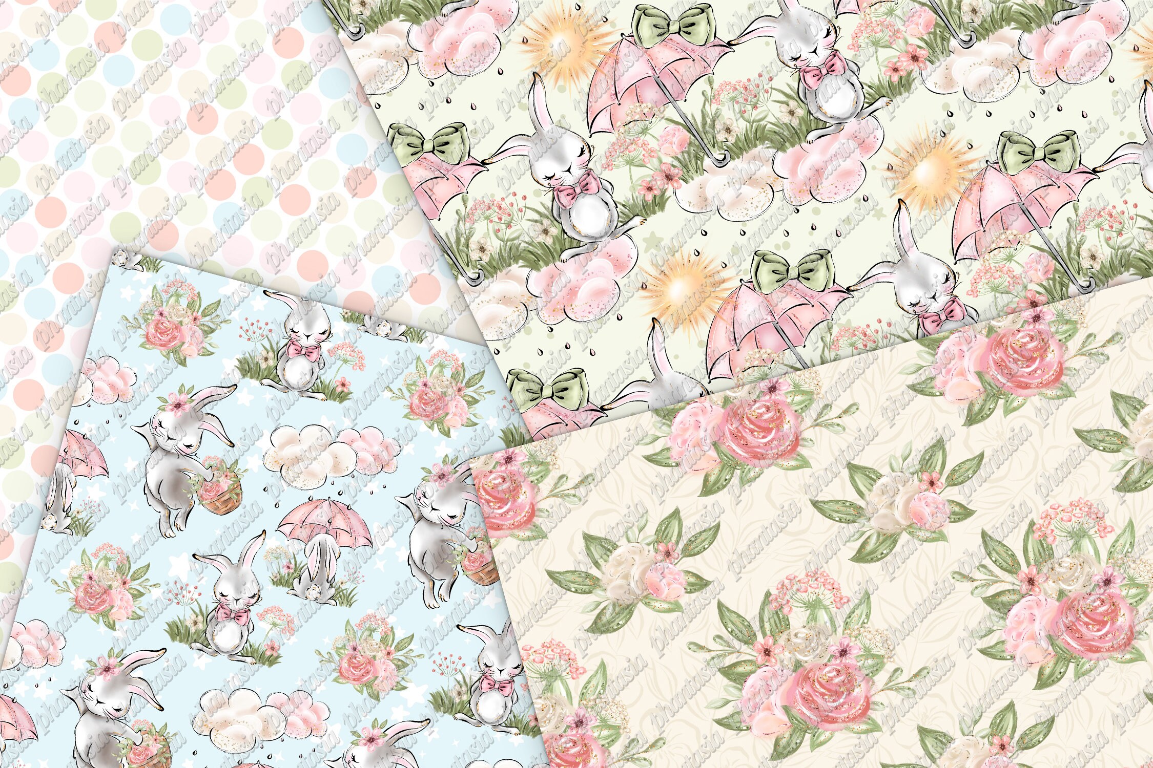 Spring Bunny Digital Paper, Cute Animals, Watercolor Patterns, Spring ...