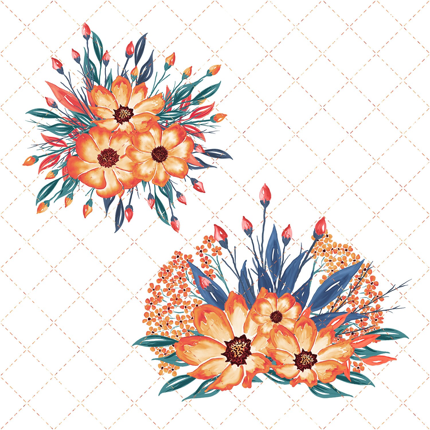 Blue and Orange Watercolor Floral Cliparts Summer Clipart - Etsy