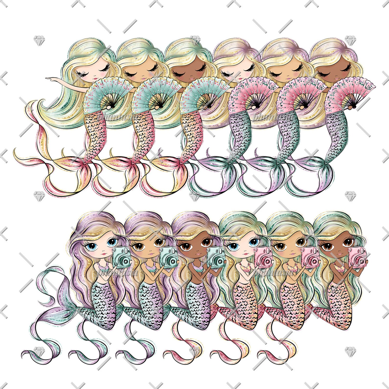 Summer Mermaids Watercolor Clipart Tropical Mermaids Sunny - Etsy