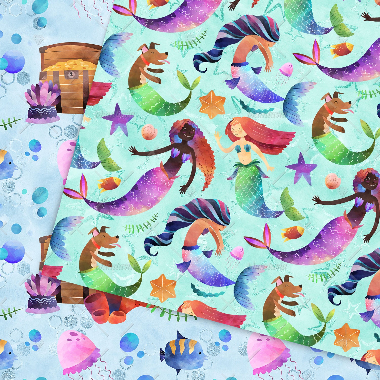 Mermaid Digital Paper Cute Mermaids Watercolor Mermaids | Etsy