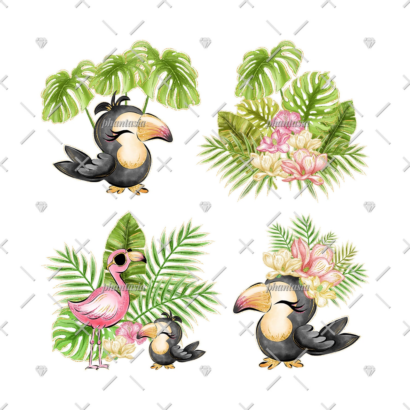 Tropical Cliparts, Flamingo Illustration, Exotic Stickers, Toucan Clip ...