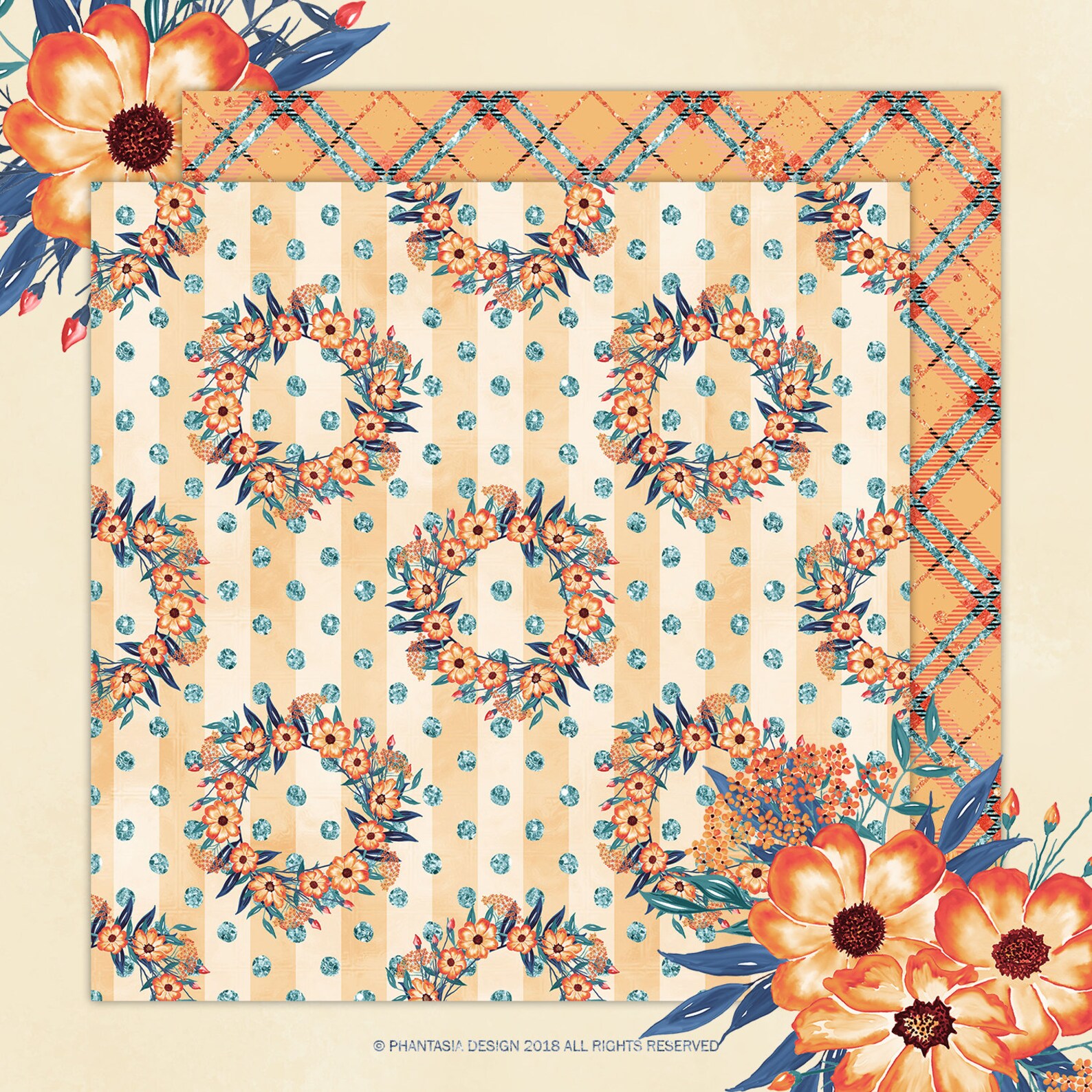 Watercolor Floral Digital Paper, Flower Digital, Blue and Orange ...