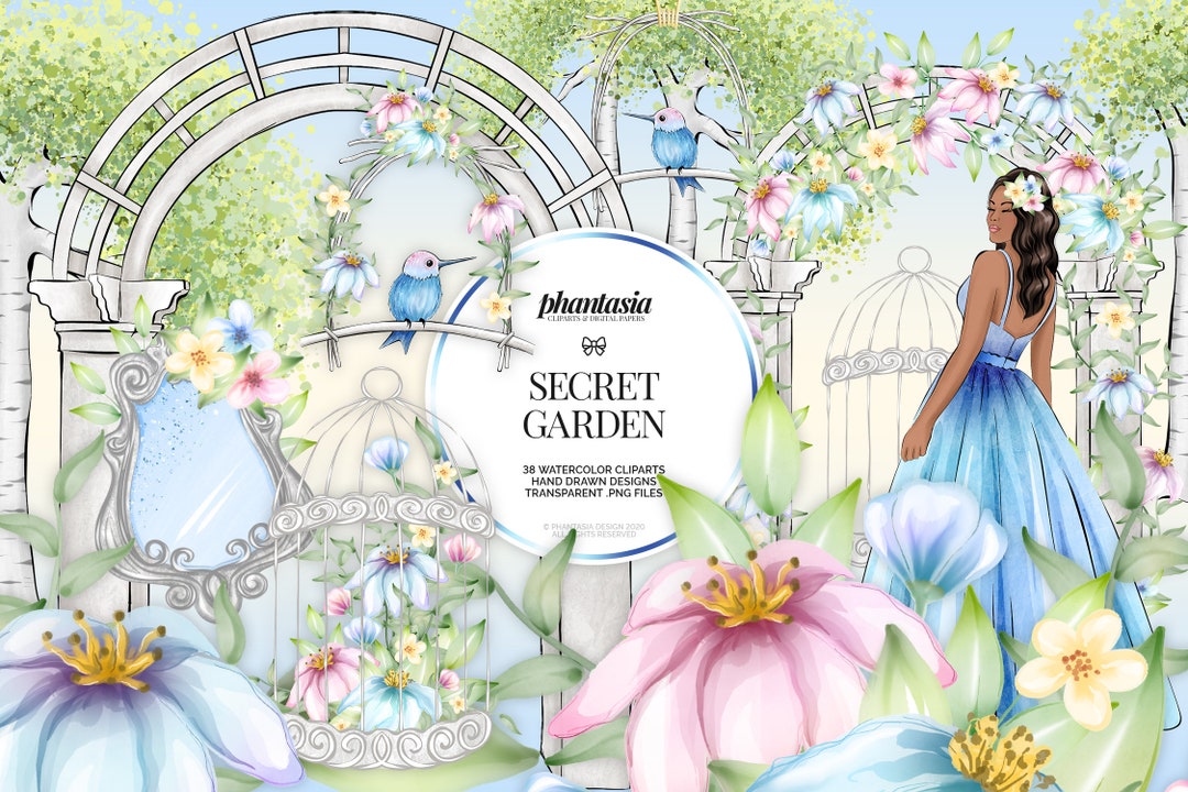 Secret Garden Watercolor Cliparts, Garden Clipart, Birdcage Clipart ...