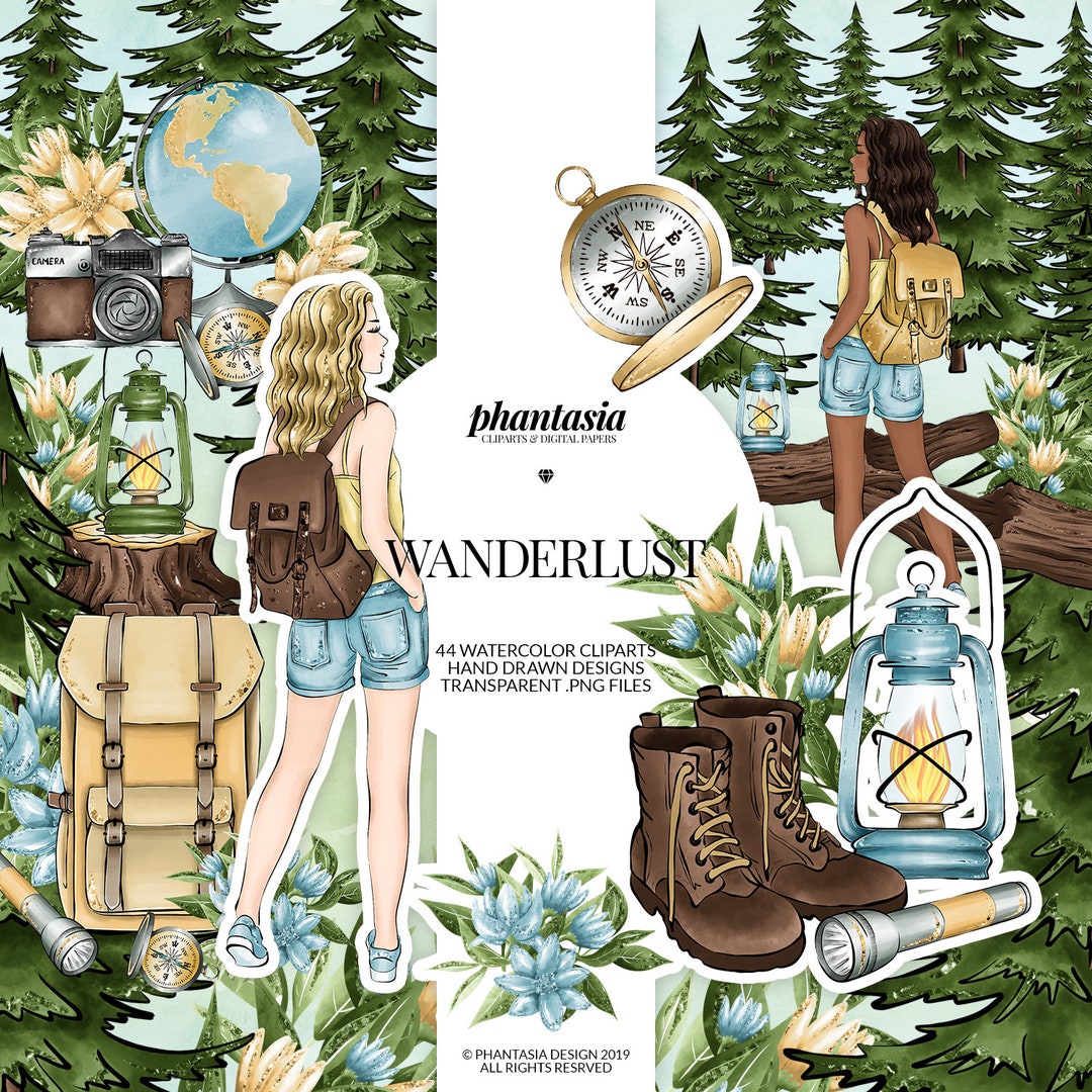 Wanderlust Watercolor Cliparts, Travel Clipart, Fall Clipart, Hiking ...