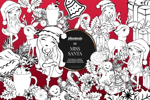 Christmas Doodle Cliparts Miss Santa Clipart Xmas Elements | Etsy