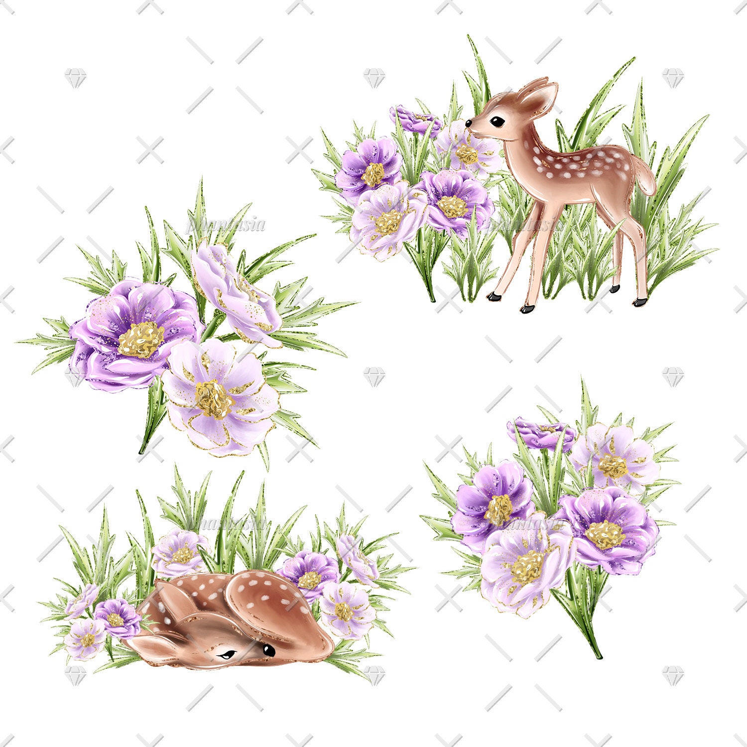 Spring Digital Kit Fawn Clipart Watercolor Clipart Seamless - Etsy