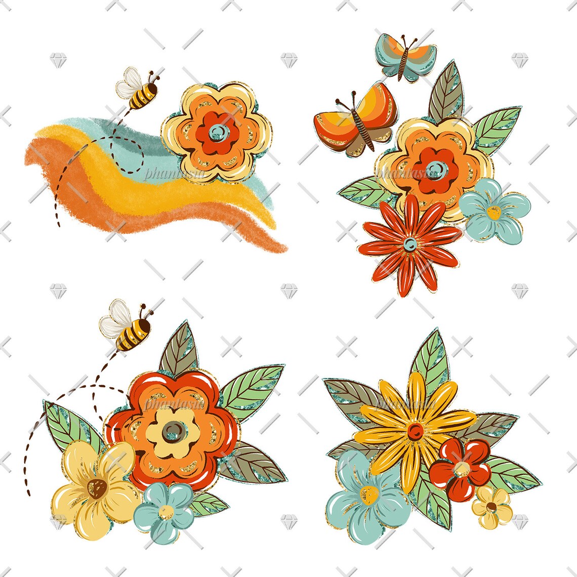 Groovy Flowers Digital Kit, Bee Clipart, Watercolor Clipart, Seamless ...