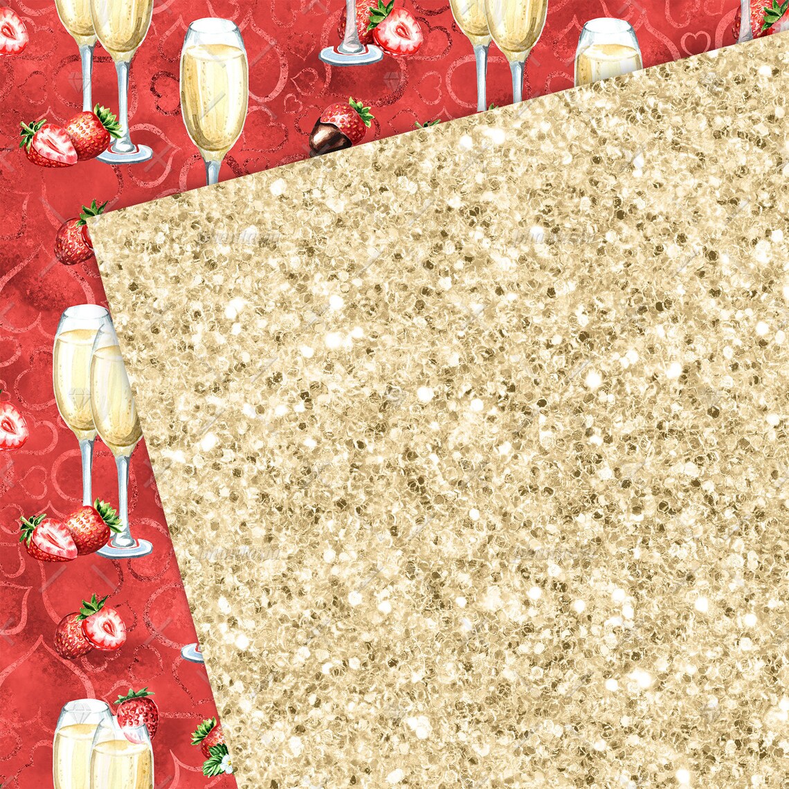 Strawberries and Champagne Digital Paper, Valentines Day, Valentines ...