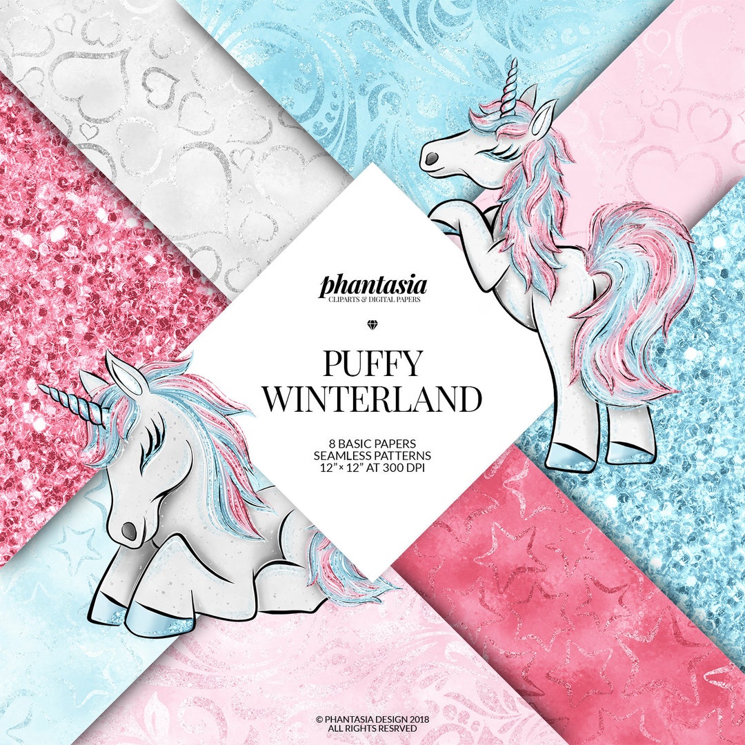 Winter Digital Paper, Whimsical Patterns, Blue Glitter, Pink Glitter ...