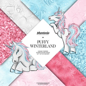 Winter Digital Paper, Whimsical Patterns, Blue Glitter, Pink Glitter ...