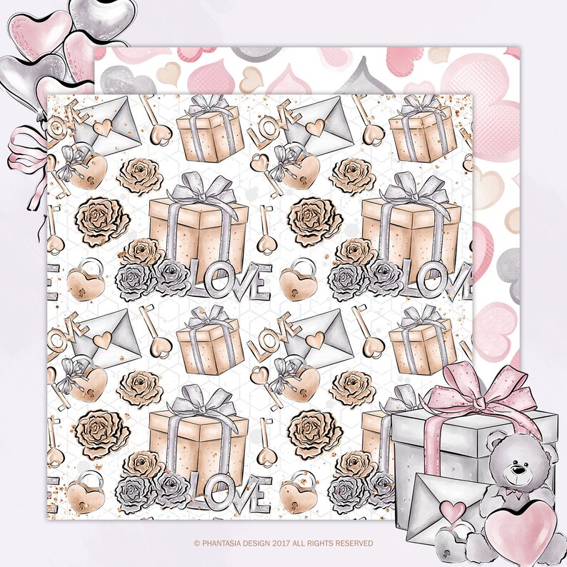 Valentines Day Digital Paper Pack, Teddy Bear, Love Digital Paper, Pink ...
