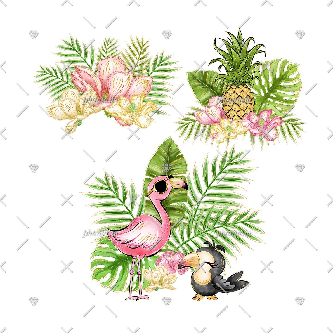 Tropical Cliparts, Flamingo Illustration, Exotic Stickers, Toucan Clip ...