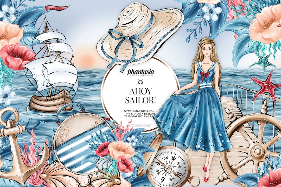Nautical Watercolor Cliparts, Summer Clipart, Sailor Clipart, Hand ...