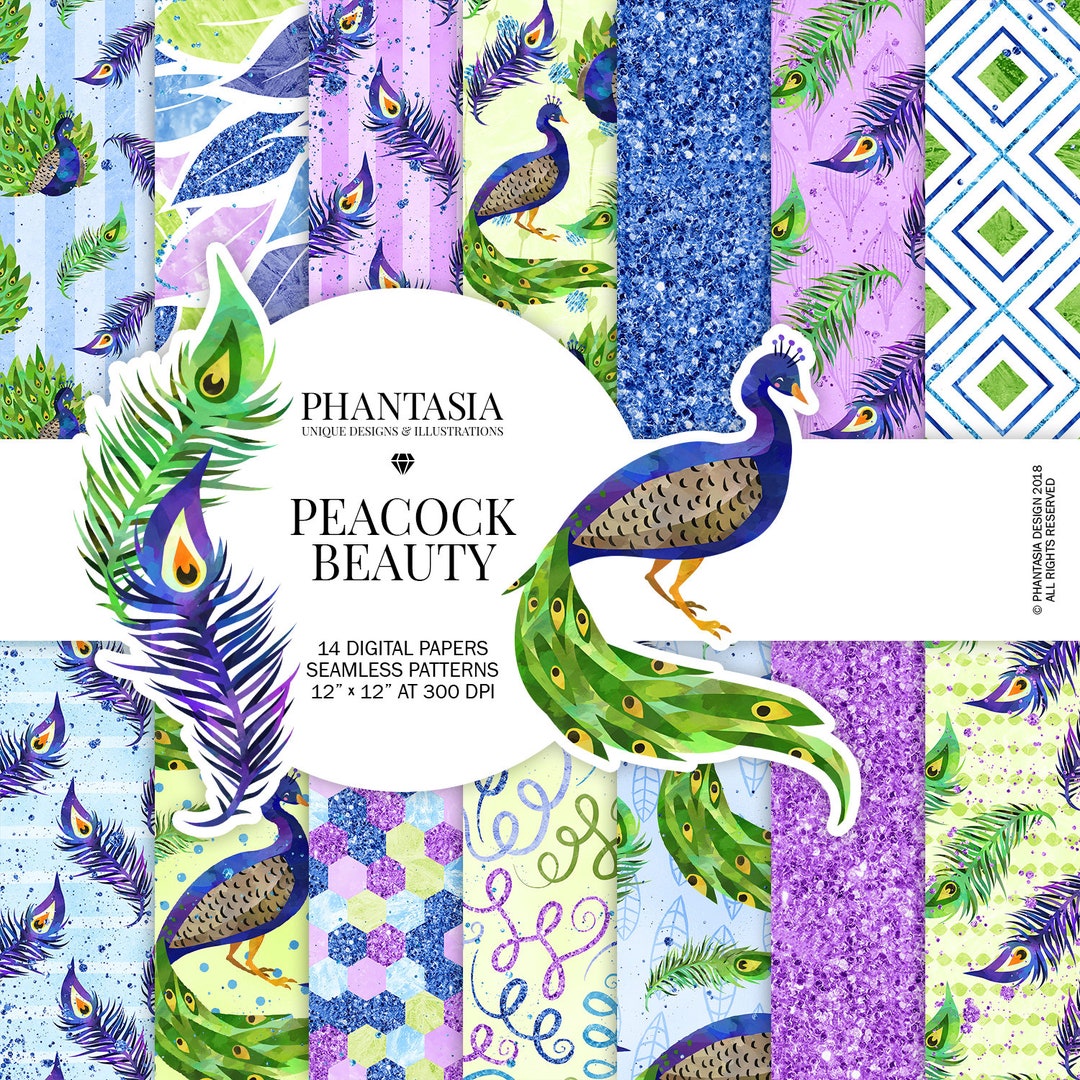 Peacock Digital Paper, Peacocks Clipart, Peacock Planner, Summer ...