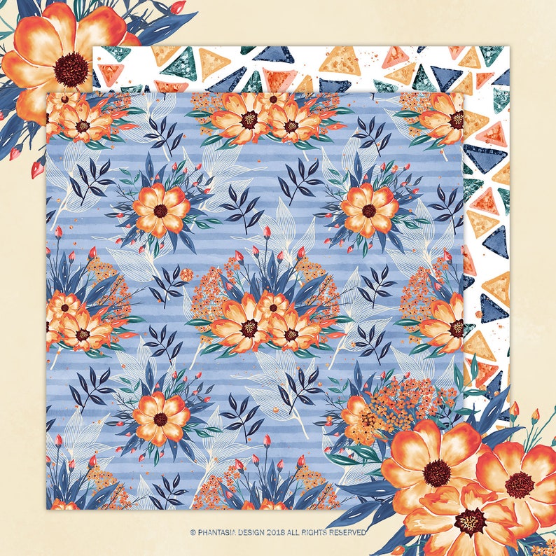 Watercolor Floral Digital Paper, Flower Digital, Blue and Orange ...