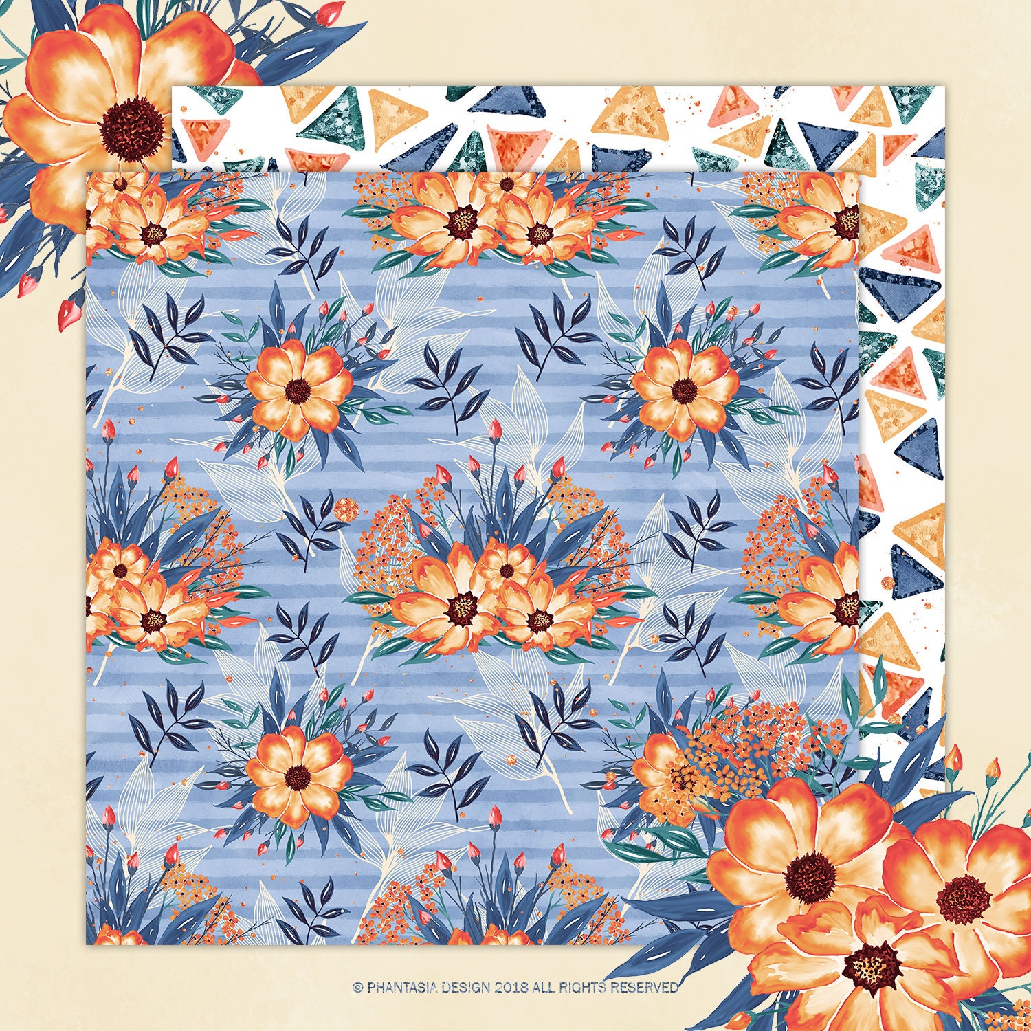 Watercolor Floral Digital Paper Flower Digital Blue and - Etsy