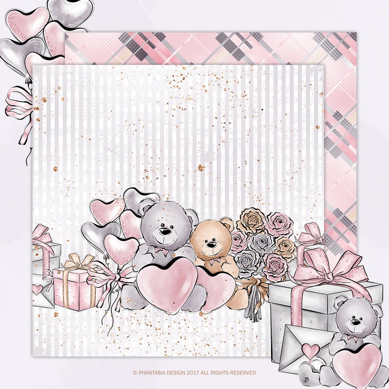 Valentines Day Digital Paper Pack, Teddy Bear, Love Digital Paper, Pink ...