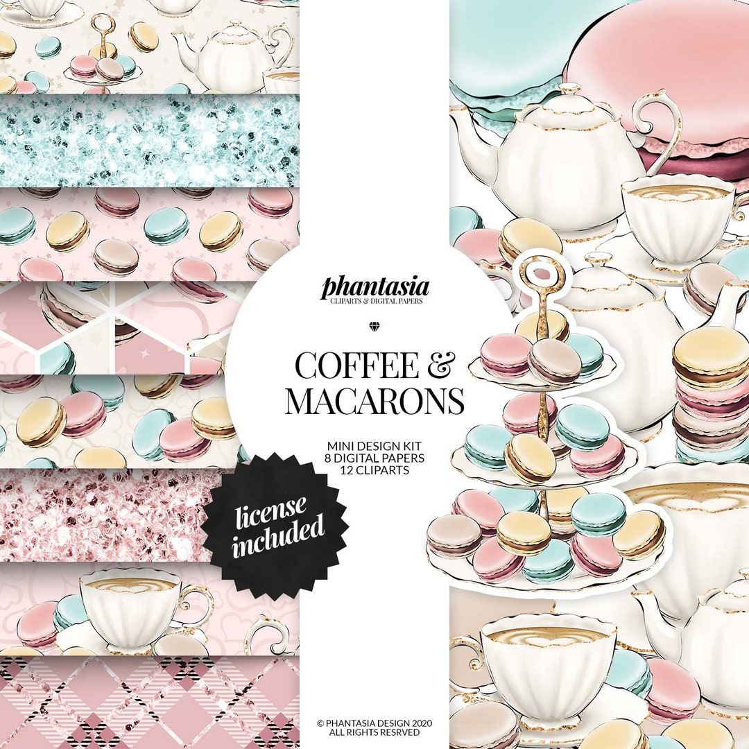Coffee Party Clipart Set, Macarons Digital Paper, Cute Graphics, Spring ...
