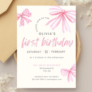 Pink Bow Birthday First 1st Invitation Coquette Love Shack One 1 Girl ...