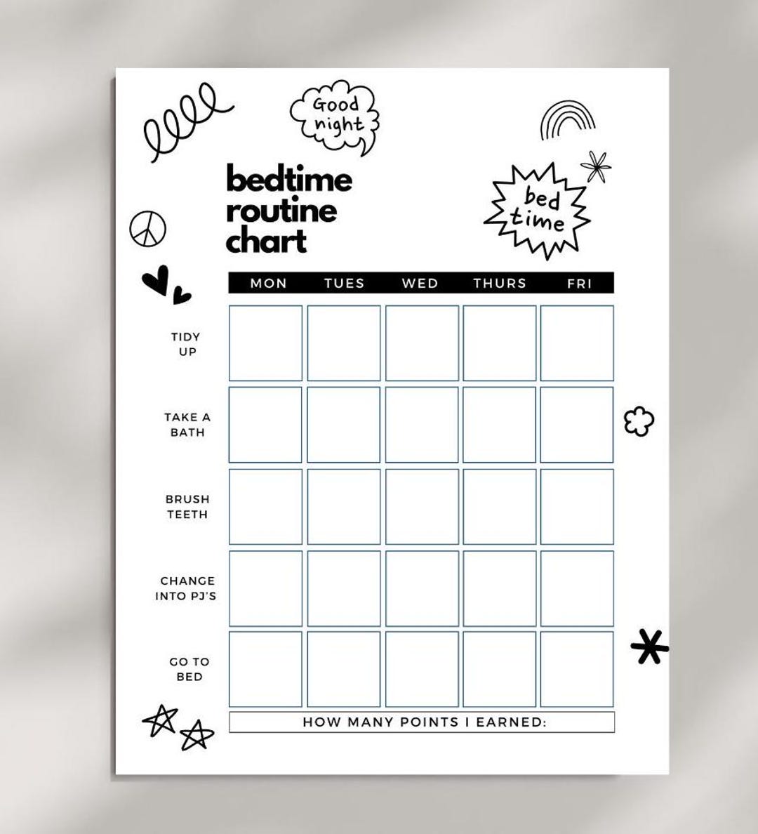 Bedtime Routine Chart for Kids, Responsibility Chart, Daily Activity ...