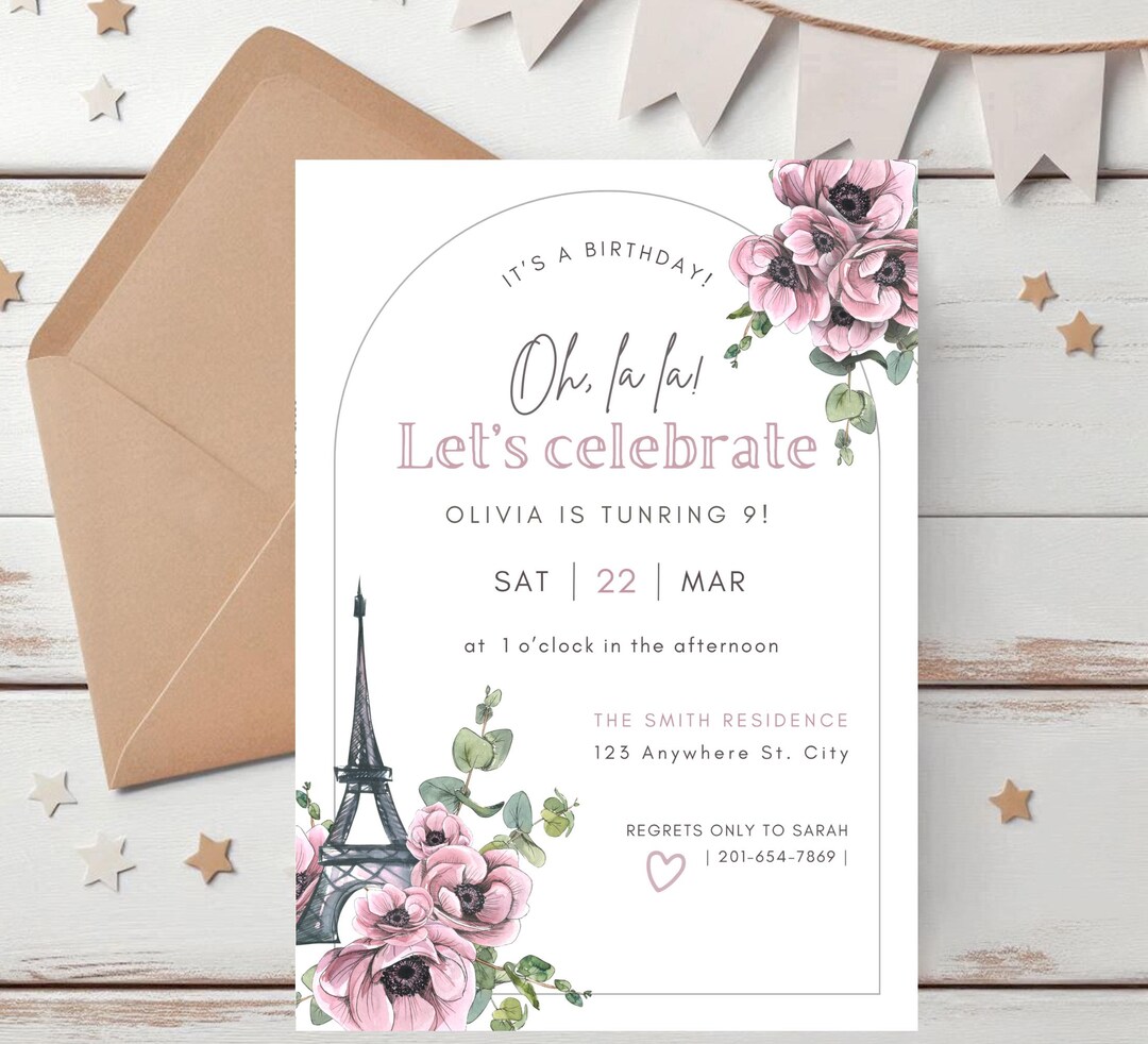 Elegant Paris-themed Birthday Invitation | Editable Digital Template ...