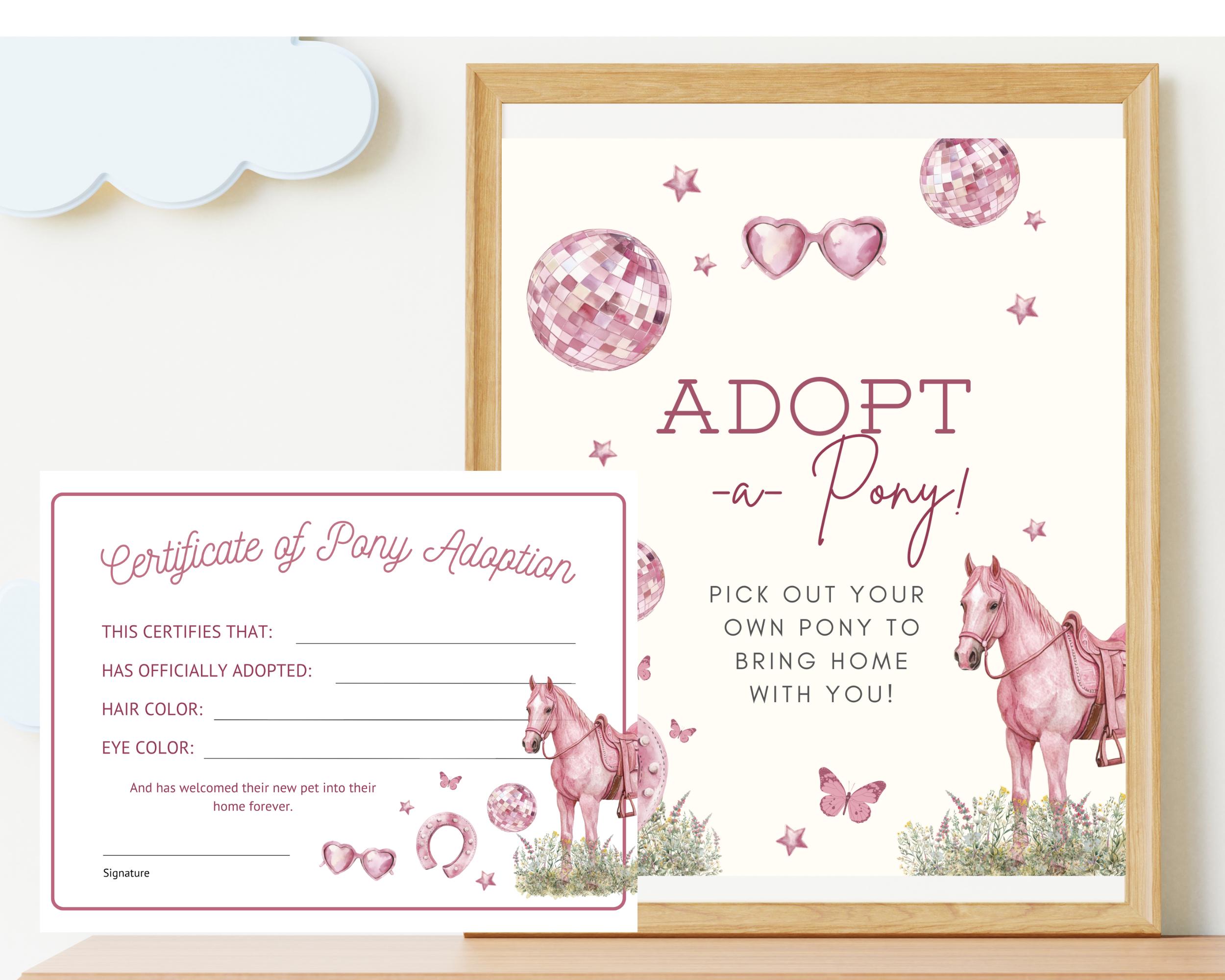Pink Pony Party Sign & Certificate: Editable Adoption Favor (canva ...