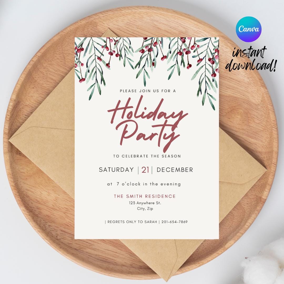 Greenery Holiday Party Invitation: Pine and Winter Berries Editable ...