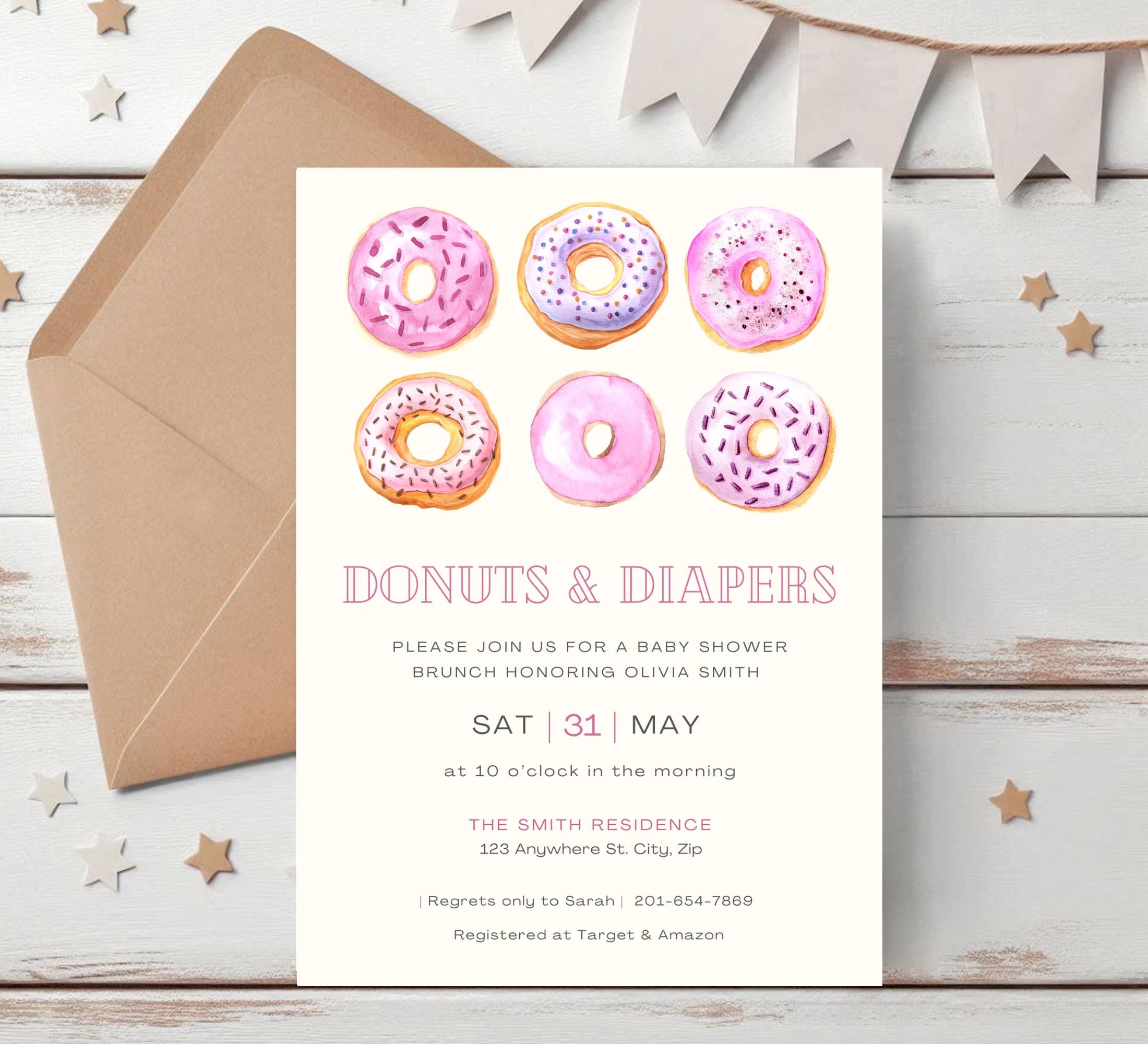 Donuts & Diapers Baby Shower Invitation: Pink Sprinkle Design (digital ...