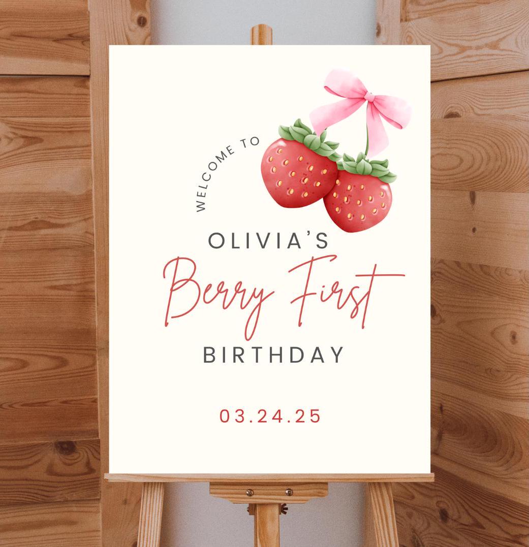 Berry First Birthday Welcome Sign: Strawberry Party Decor (canva ...