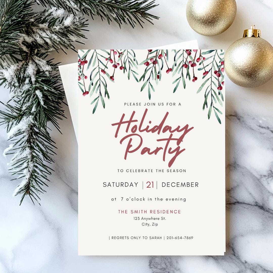 Greenery Holiday Party Invitation: Pine and Winter Berries Editable ...