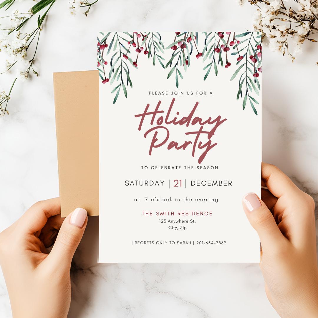 Greenery Holiday Party Invitation: Pine and Winter Berries Editable ...