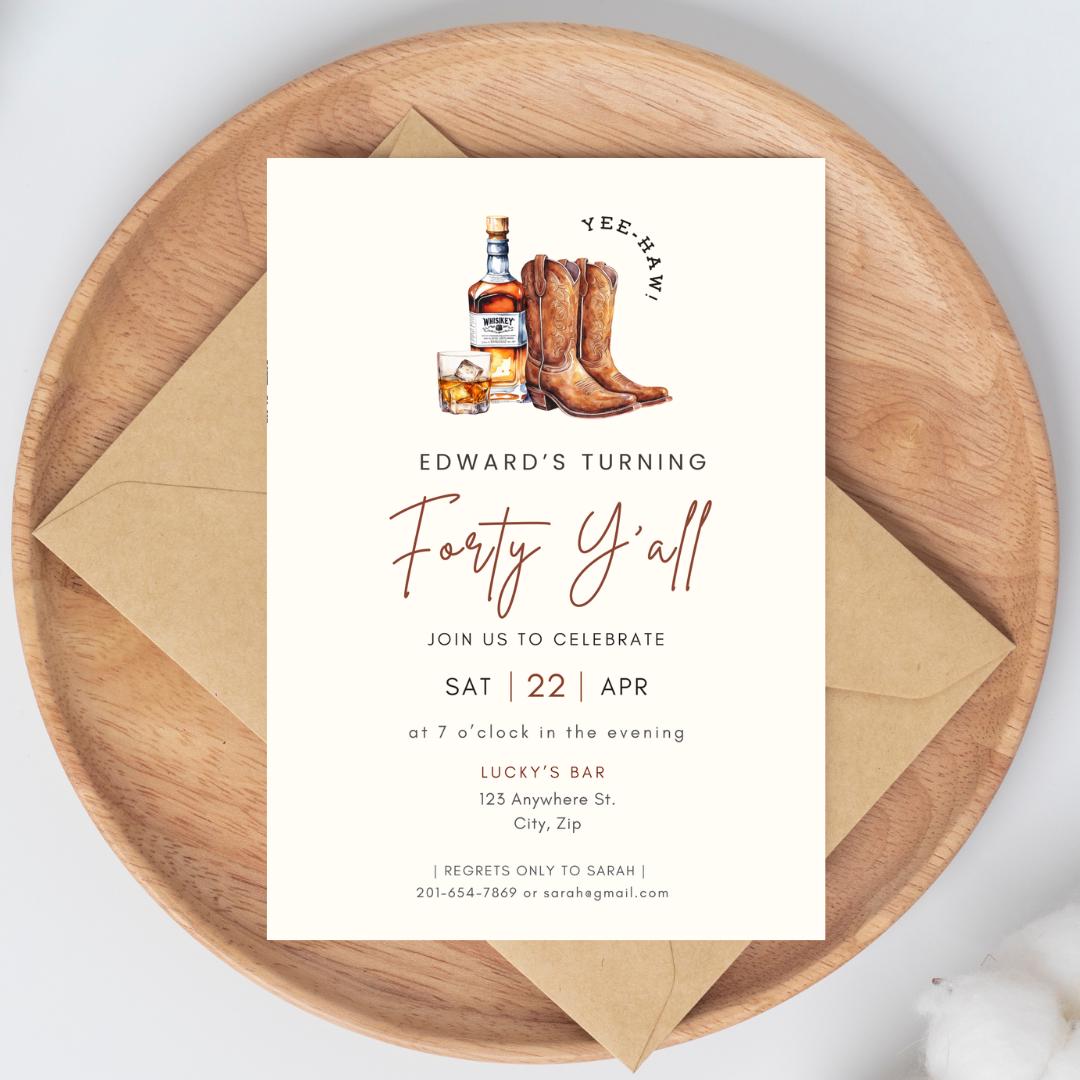 Rustic Cowboy 40th Birthday Whiskey Invitation | Editable Digital ...