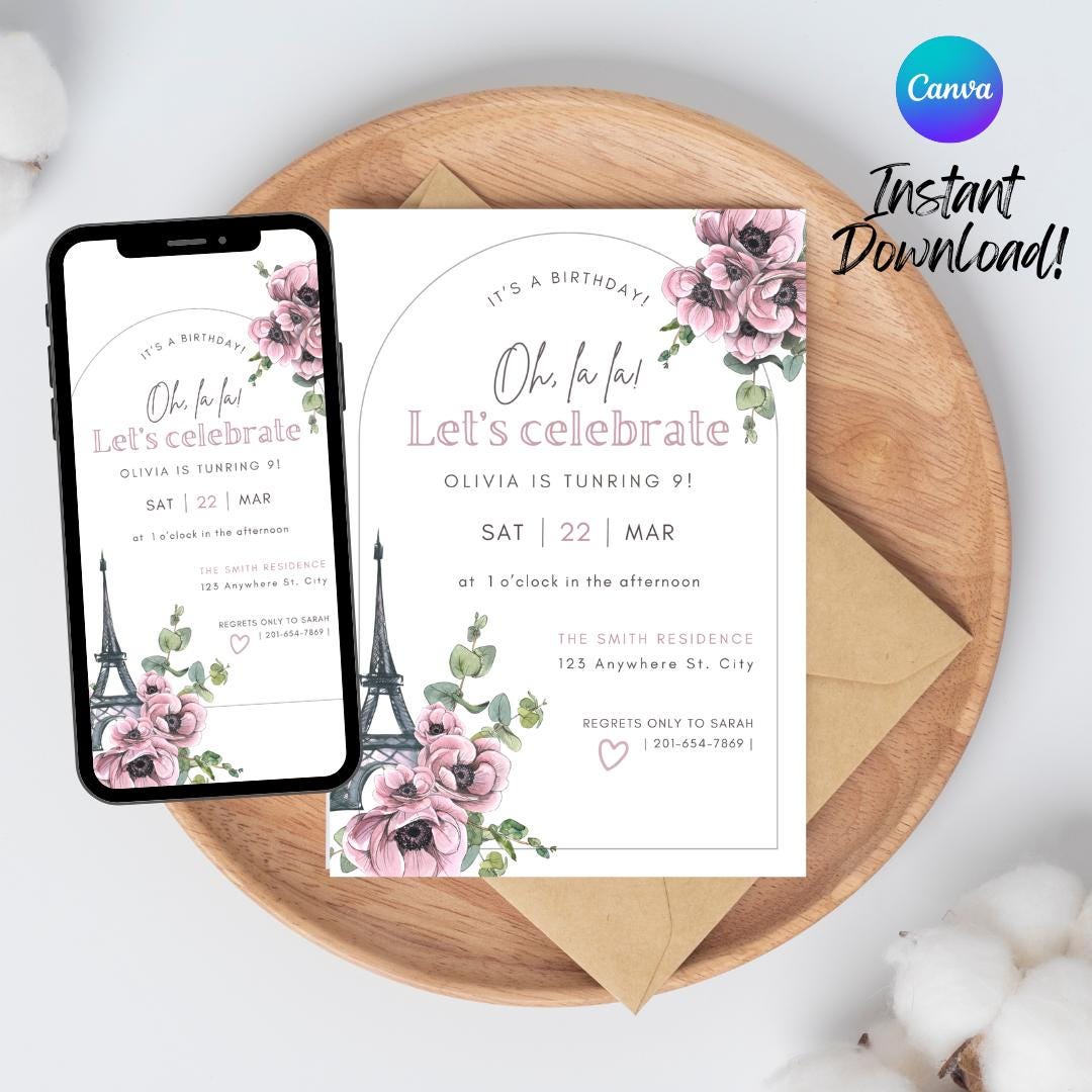 Elegant Paris-themed Birthday Invitation | Editable Digital Template ...