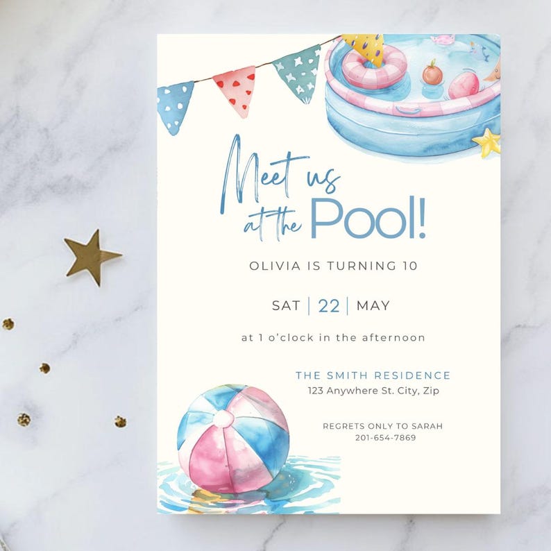 Pool Party Birthday Invitation | Swim Party Editable Digital Template ...