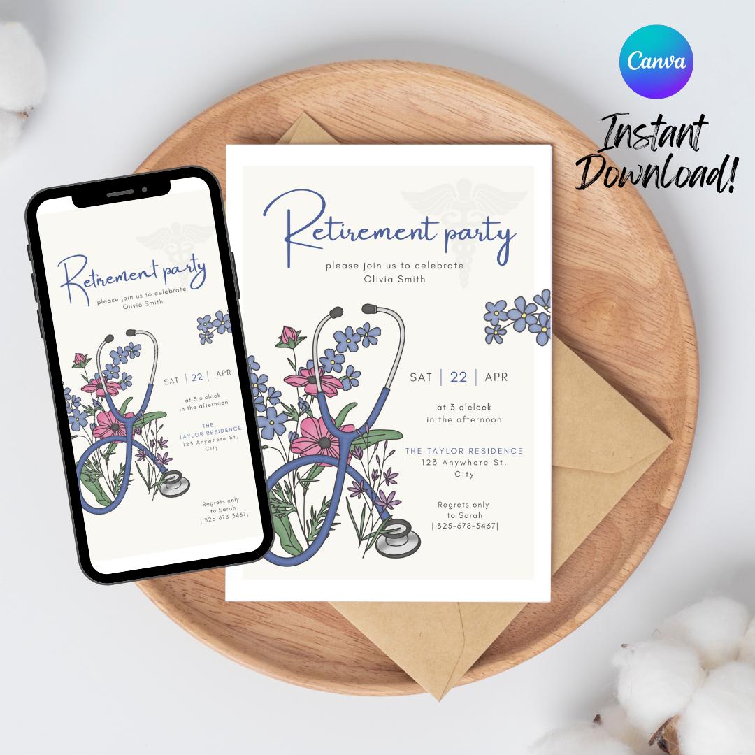 Nurse Retirement Party Invitation: Stethoscope, Wildflower Design ...