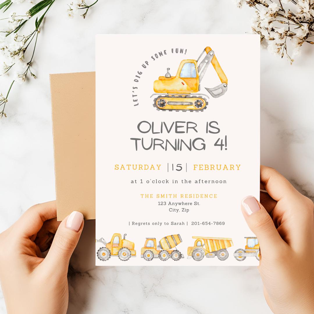 Construction Truck Birthday Invitation: Boys Birthday Invitation ...