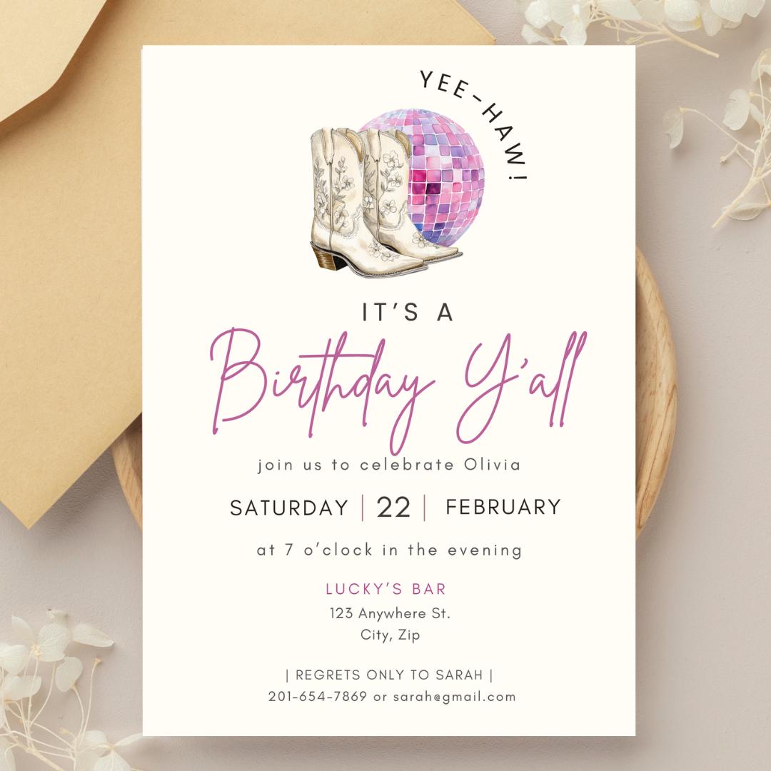 Editable Cowgirl Disco Birthday Invite | Digital Western Party Template ...